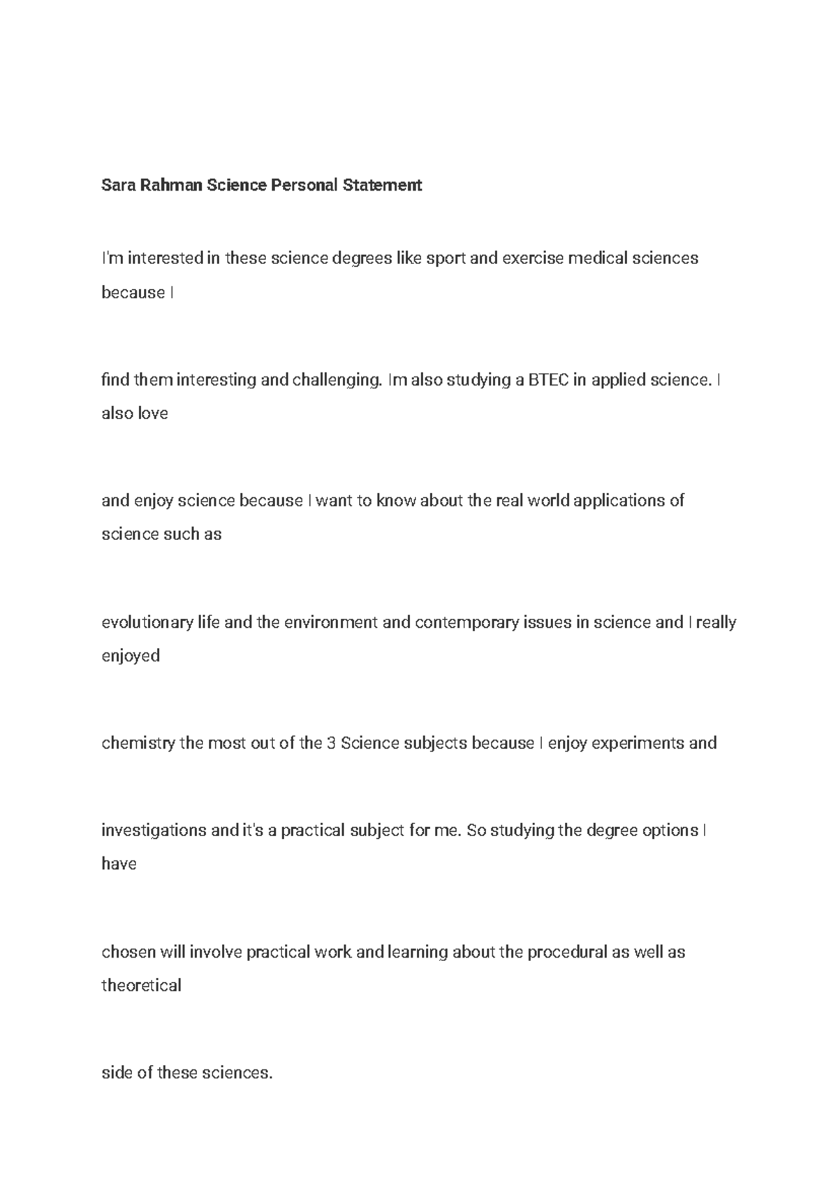 Sara Rahman Science Personal Statement - Im also studying a BTEC in ...