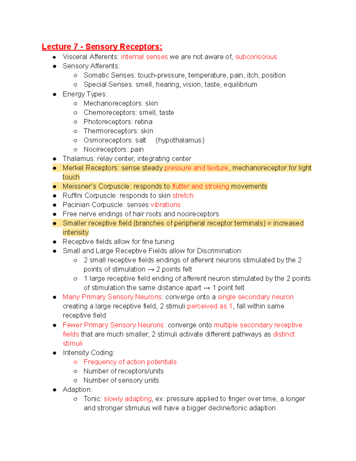 Physiology Exam 2 Notes - Lecture 7 - Sensory Receptors: Visceral ...