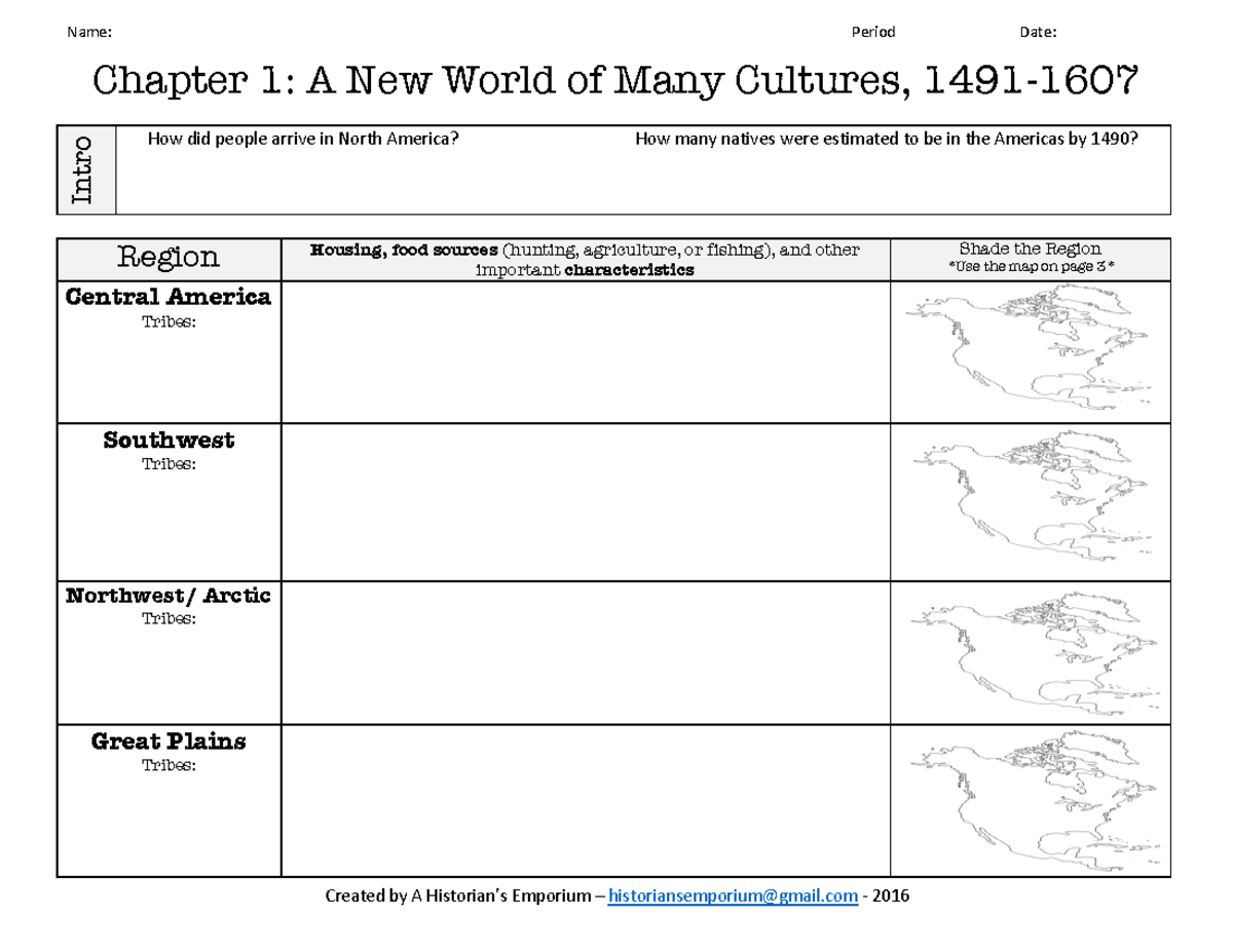 Chapter 1 Graphic Organizer - Chapter 1: A New World of Many Cultures ...
