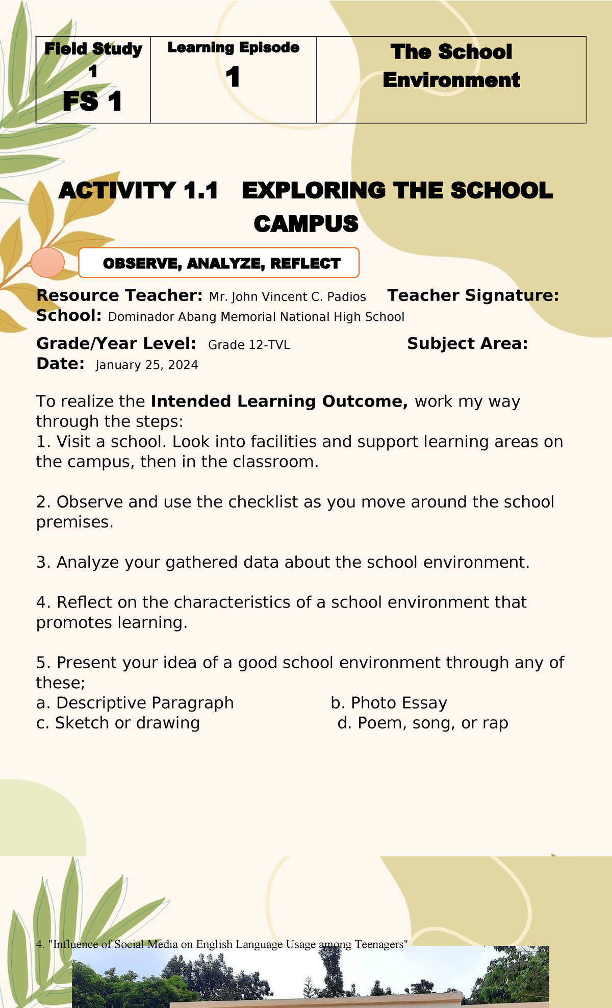 Field Study 1 Output - Field Study 1 FS 1 Learning Episode 1 The School ...