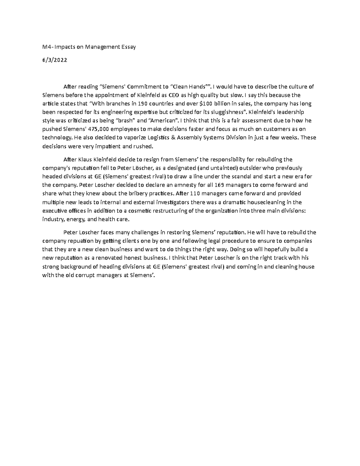 M4 Impacts on Management Essay - M4- Impacts on Management Essay 6/3 ...
