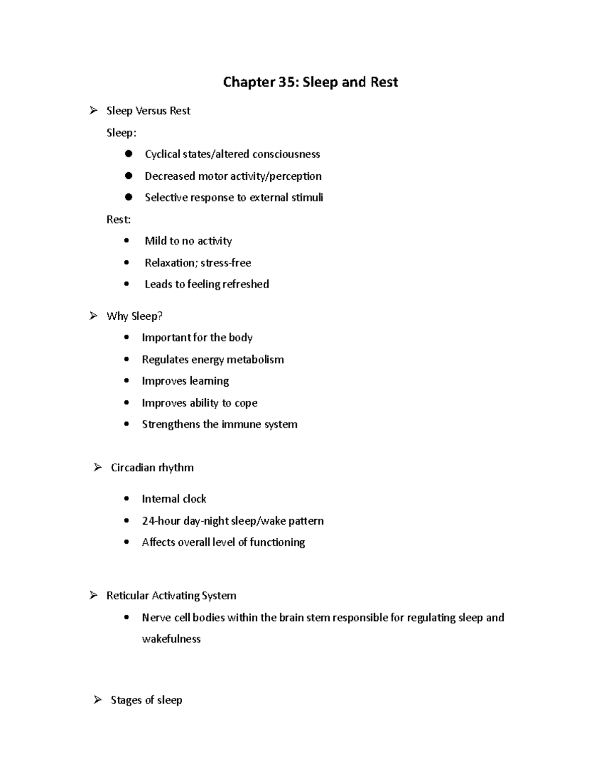 Sleep Outline - notes - Chapter 35: Sleep and Rest Sleep Versus Rest ...