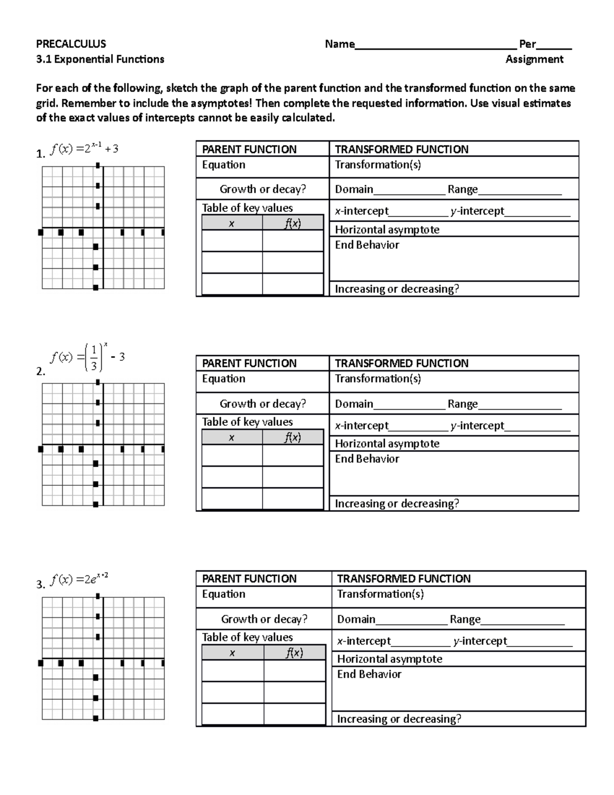 Hw 3.1 exponential functions - PRECALCULUS Name ...