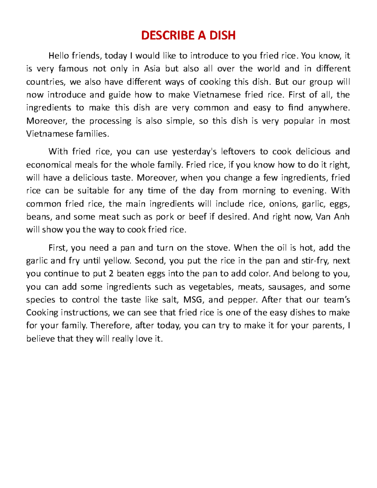 Describe A DISH - Tài liệu tham khảo - DESCRIBE A DISH Hello friends ...