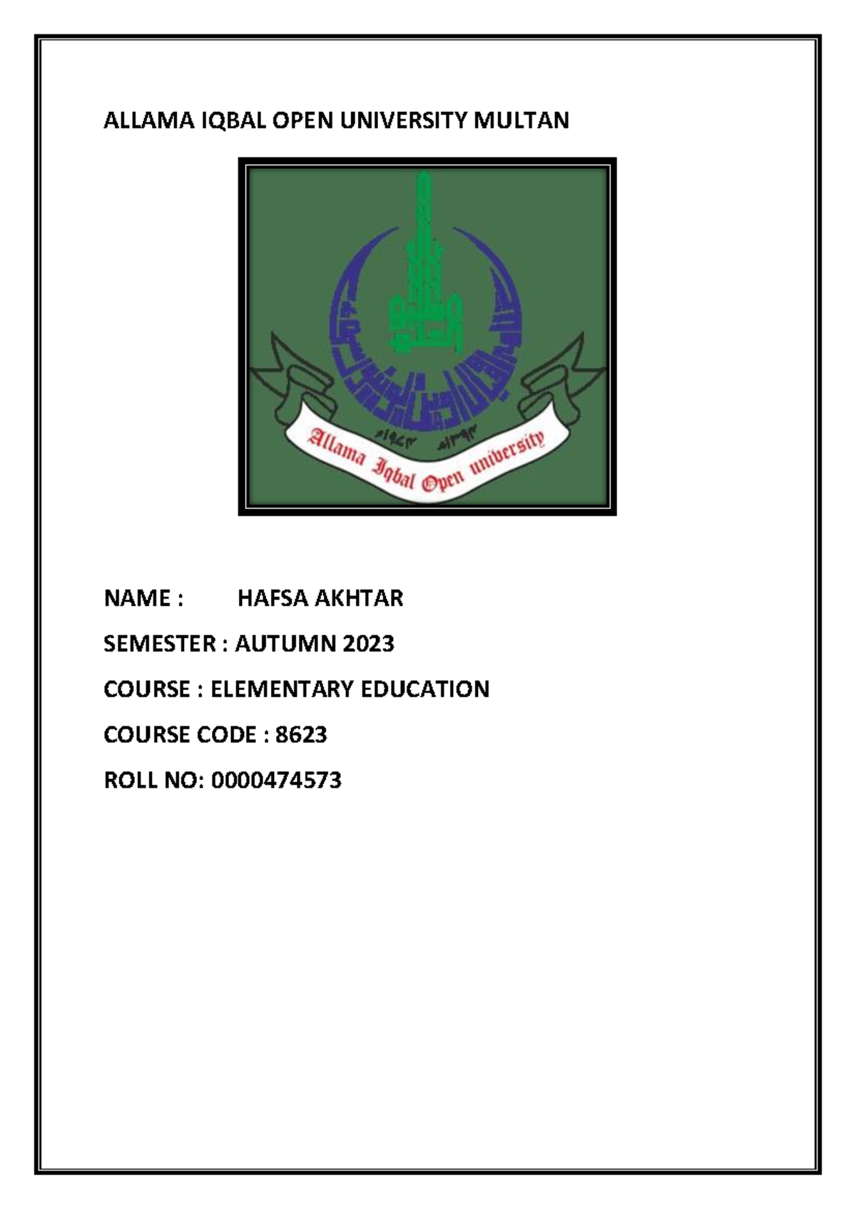 Assignment No 1 8623 Allama Iqbal Open University Multan Name Hafsa
