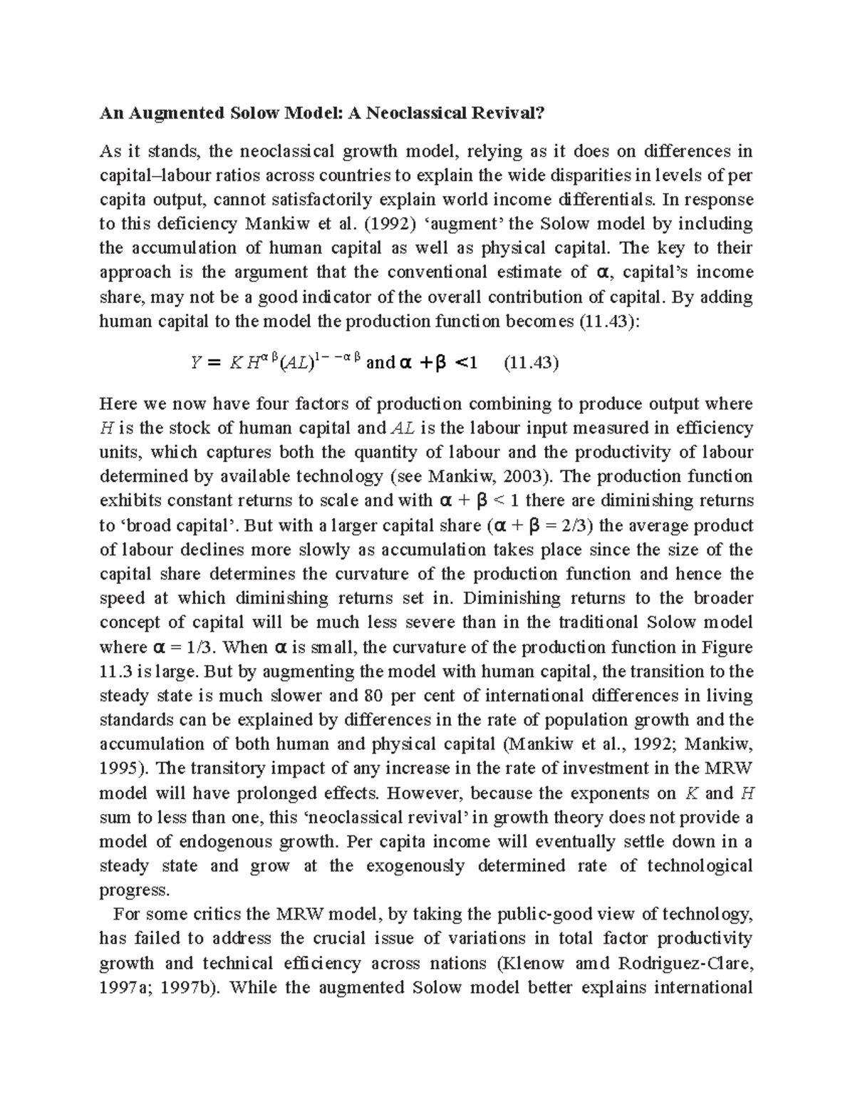 An Augmented Solow Model - In response to this deficiency Mankiw et al ...