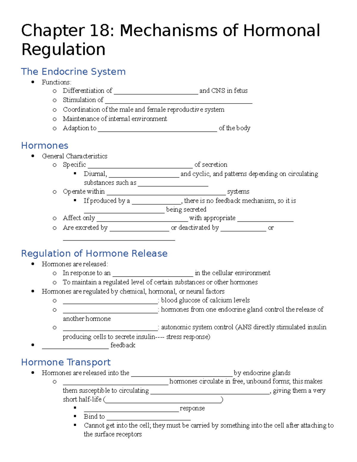 Chapter 18 Notes - Mechanisms of Hormonal Regulation - Chapter 18 ...