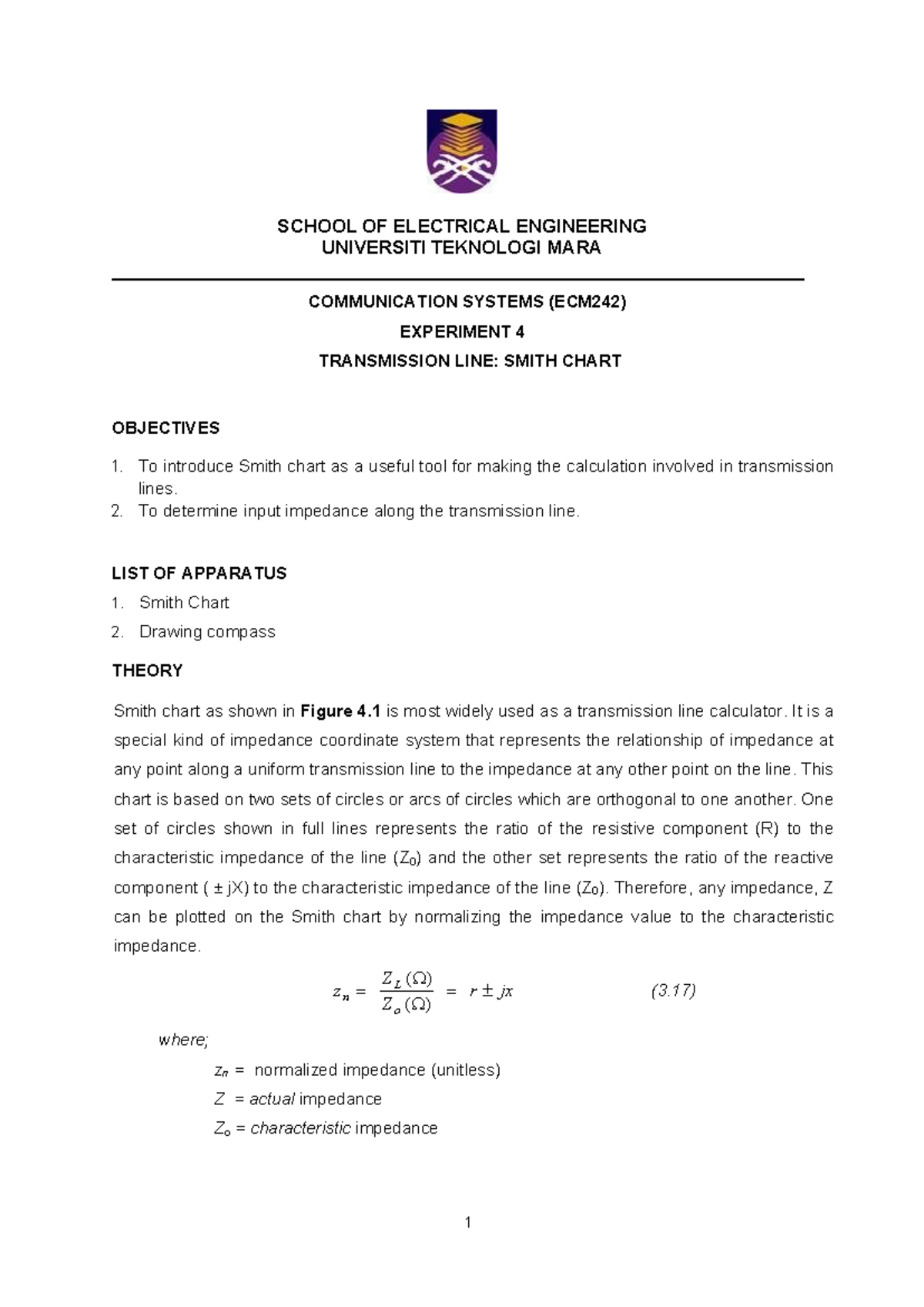 Experiment 4 Transmission Line Smith Chart - SCHOOL OF ELECTRICAL ENGINEERING UNIVERSITI ...
