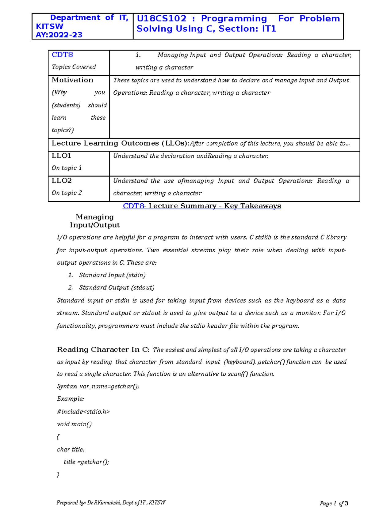 8cdt8 Hfcjffbjh Department Of It Kitsw Ay2022 U18cs102 Programming For Problem Solving