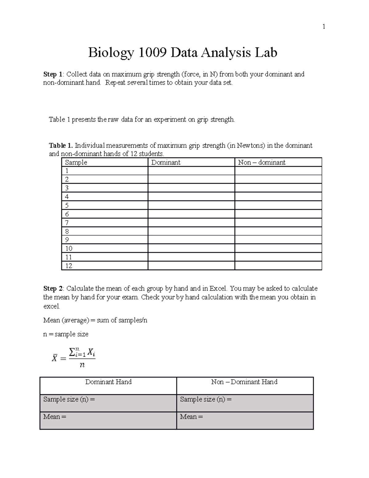 Biology 1009 Data Analysis Lab Instructions-1 - 1 Biology 1009 Data Analysis Lab Step 1: Collect ...