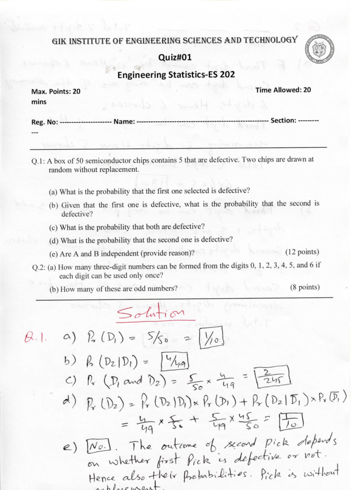 Solution Quiz 01 - Engineering Statistics - Spring 2121 - Studocu