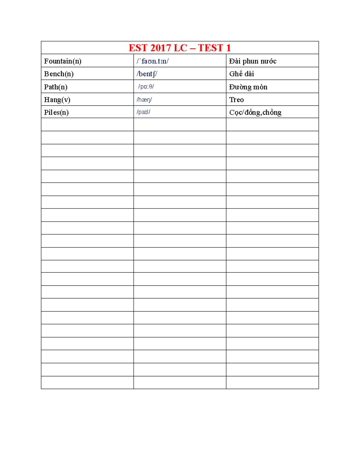 EST 2017 LC - English - EST 2017 LC – TEST 1 Fountain(n) / ˈfa n n ʊ ɪ ...