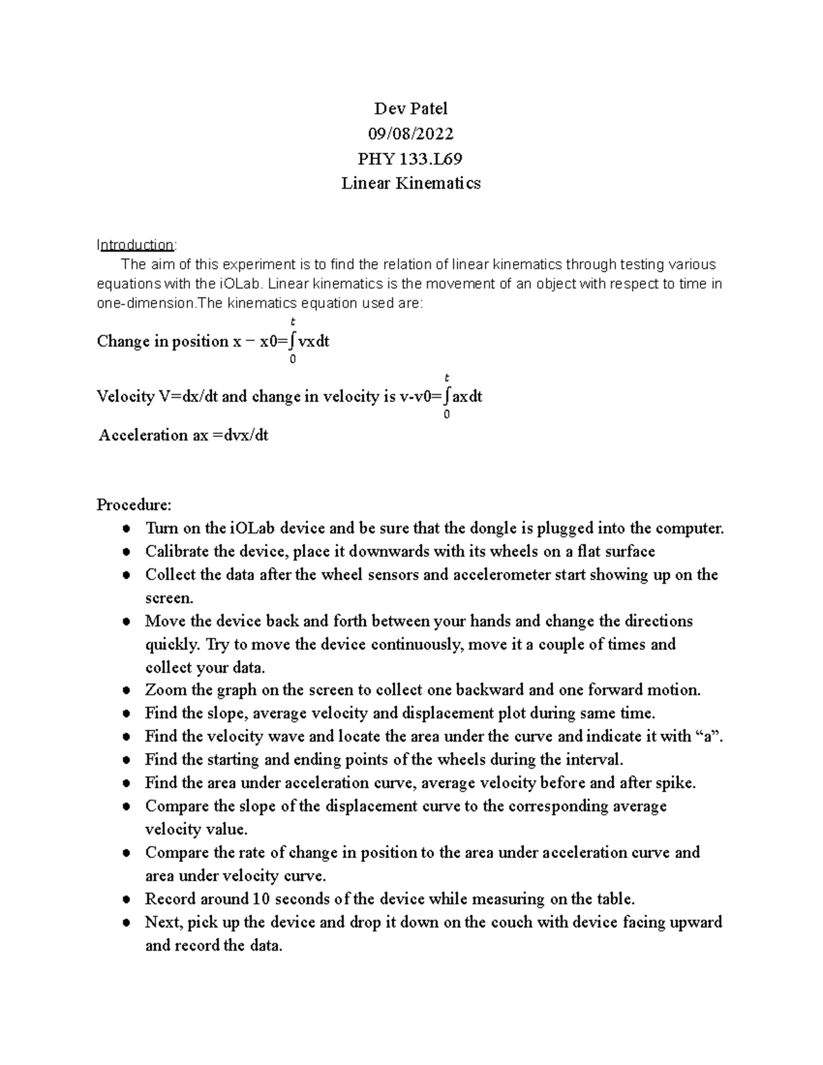 Phy 131 labs - physics labs - Dev Patel 09/08/ PHY 133 Linear ...
