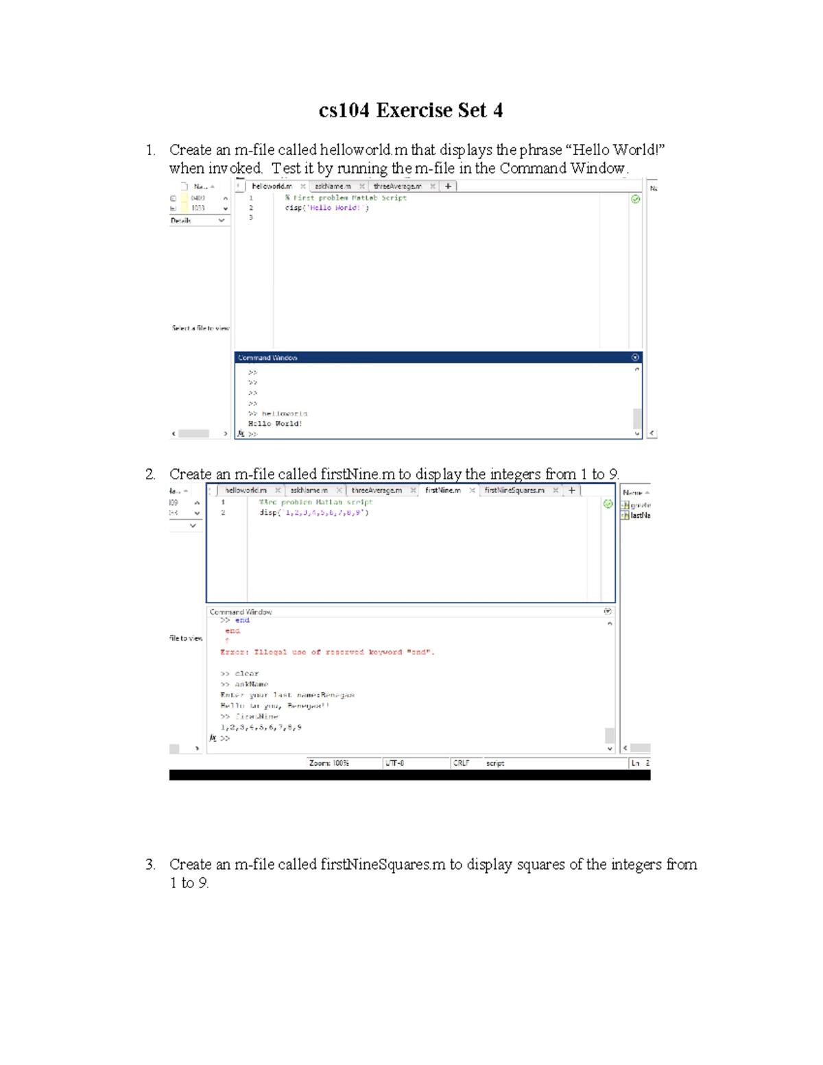 CS 104 Lab 4 - Create of file display window. - cs104 Exercise Set 4 Create an m-file called ...