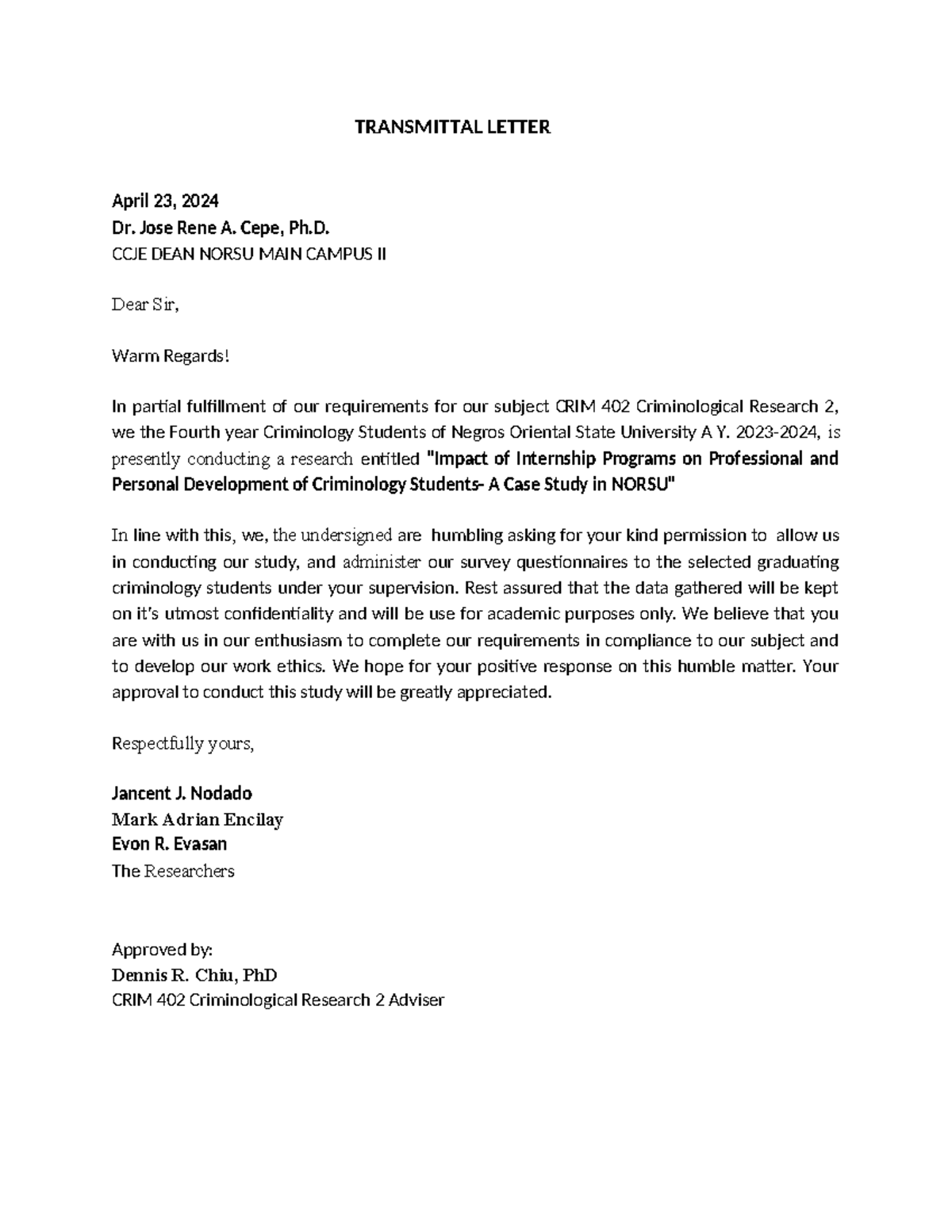 Transmittal-Letter - TRANSMITTAL LETTER April 23, 2024 Dr. Jose Rene A ...