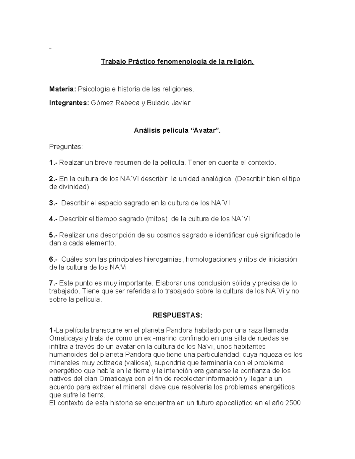 Trabajo Práctico fenomenología de la religión - Materia: Psicología e ...