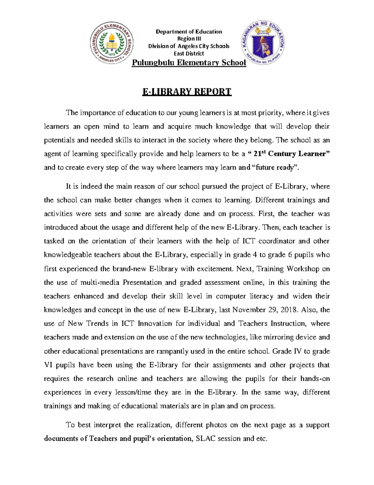 .narrative report - For practice only - E-LIBRARY REPORT The importance ...