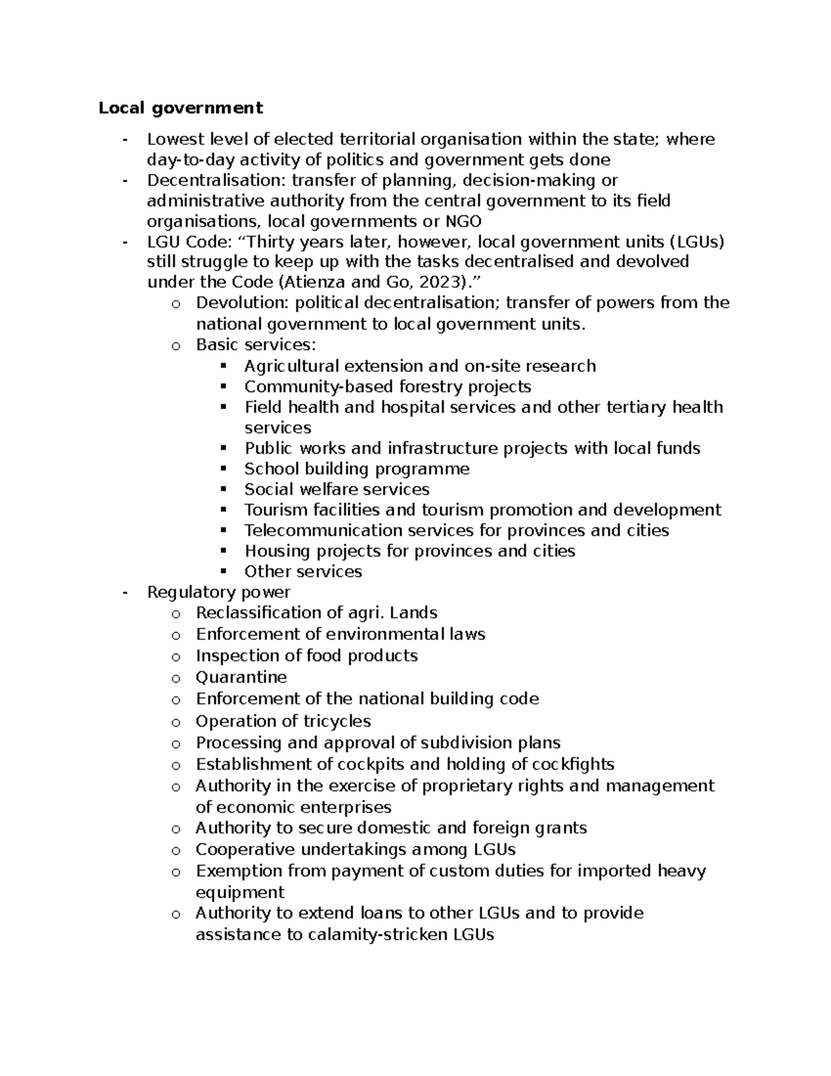 Local government - ” o Devolution: political decentralisation; transfer ...