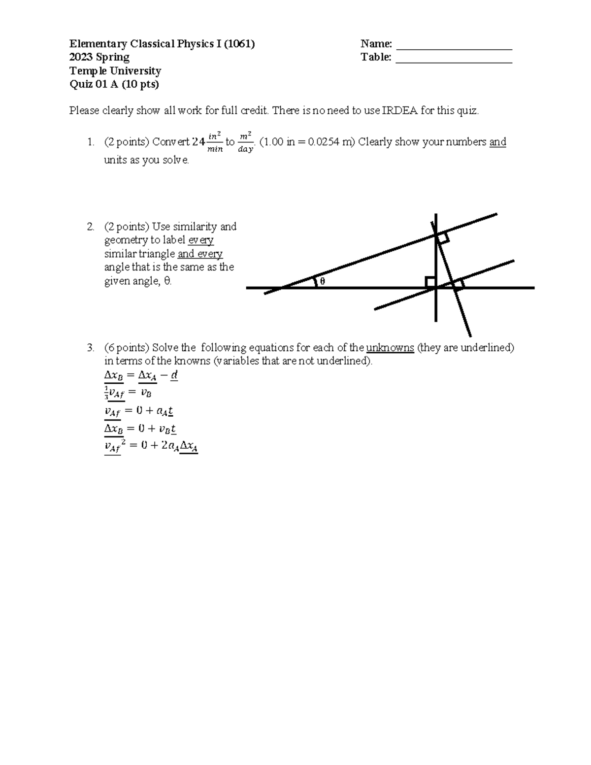1061 23S Quiz01 A1 - Elementary Classical Physics I (1061) Name ...