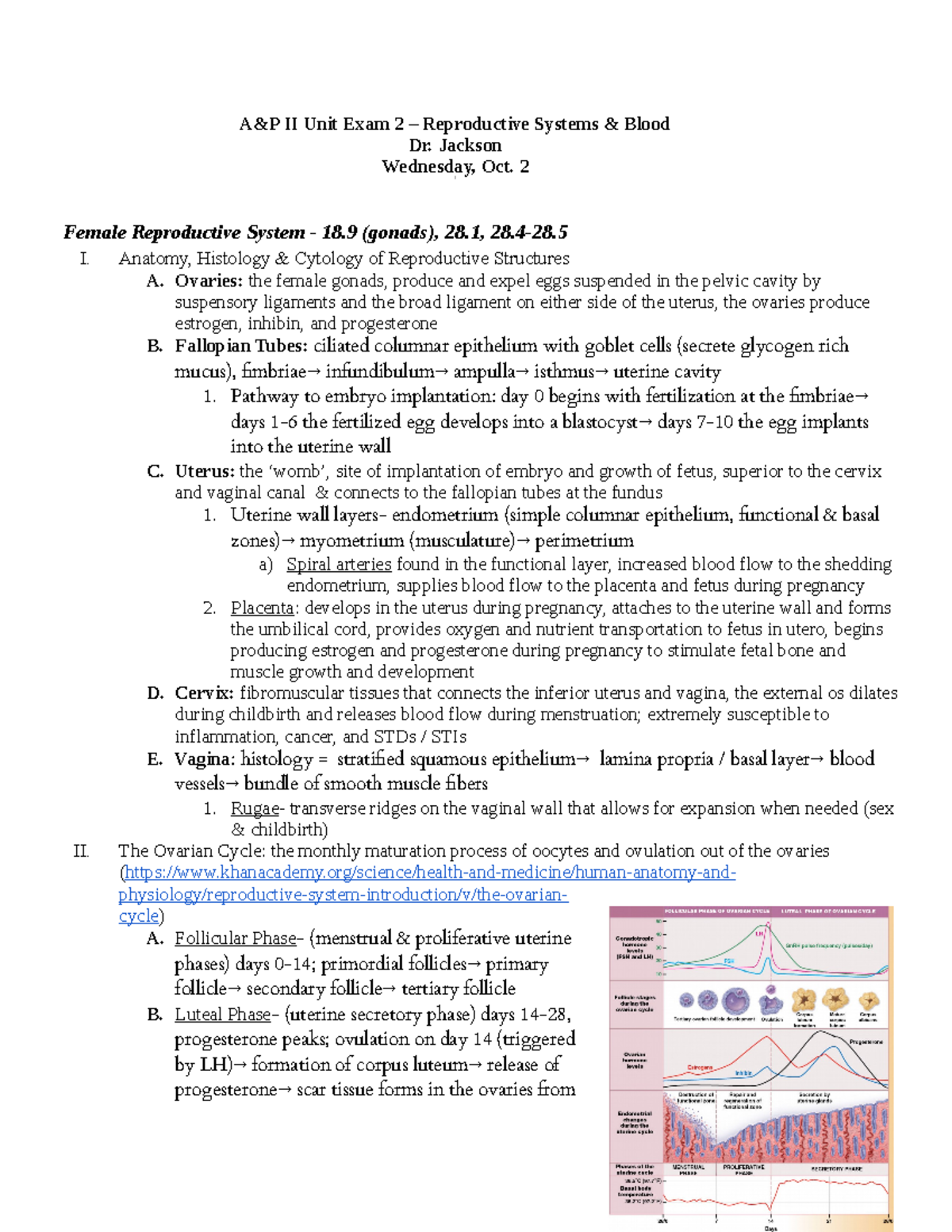 A&P II Exam 2 Study Guide - A&P II Unit Exam 2 – Reproductive Systems & Blood Dr. Jackson - Studocu