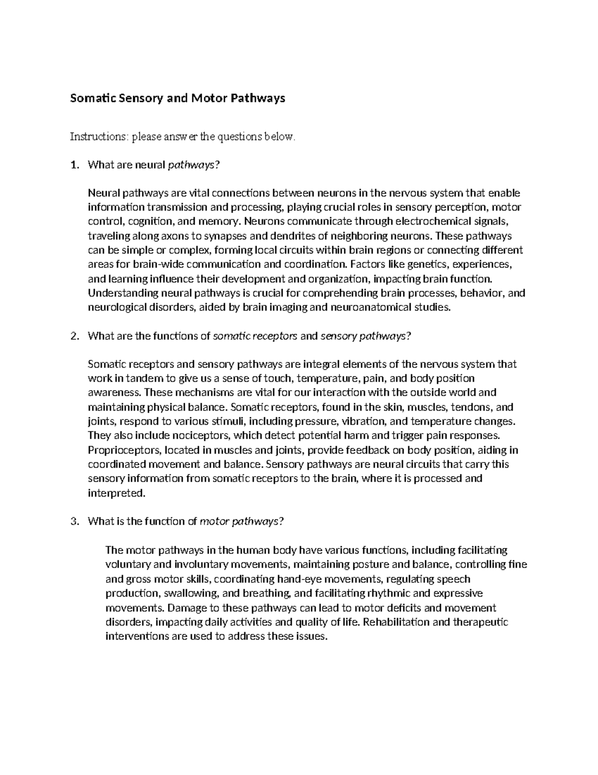 Anim somatic sensory motor pathways worksheet - Somatic Sensory and ...