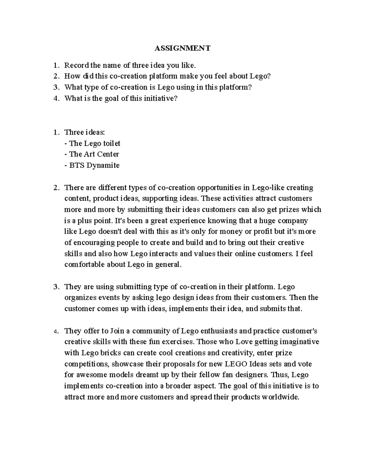 Assignment E-Commerce (Lego) - ASSIGNMENT Record the name of three idea ...