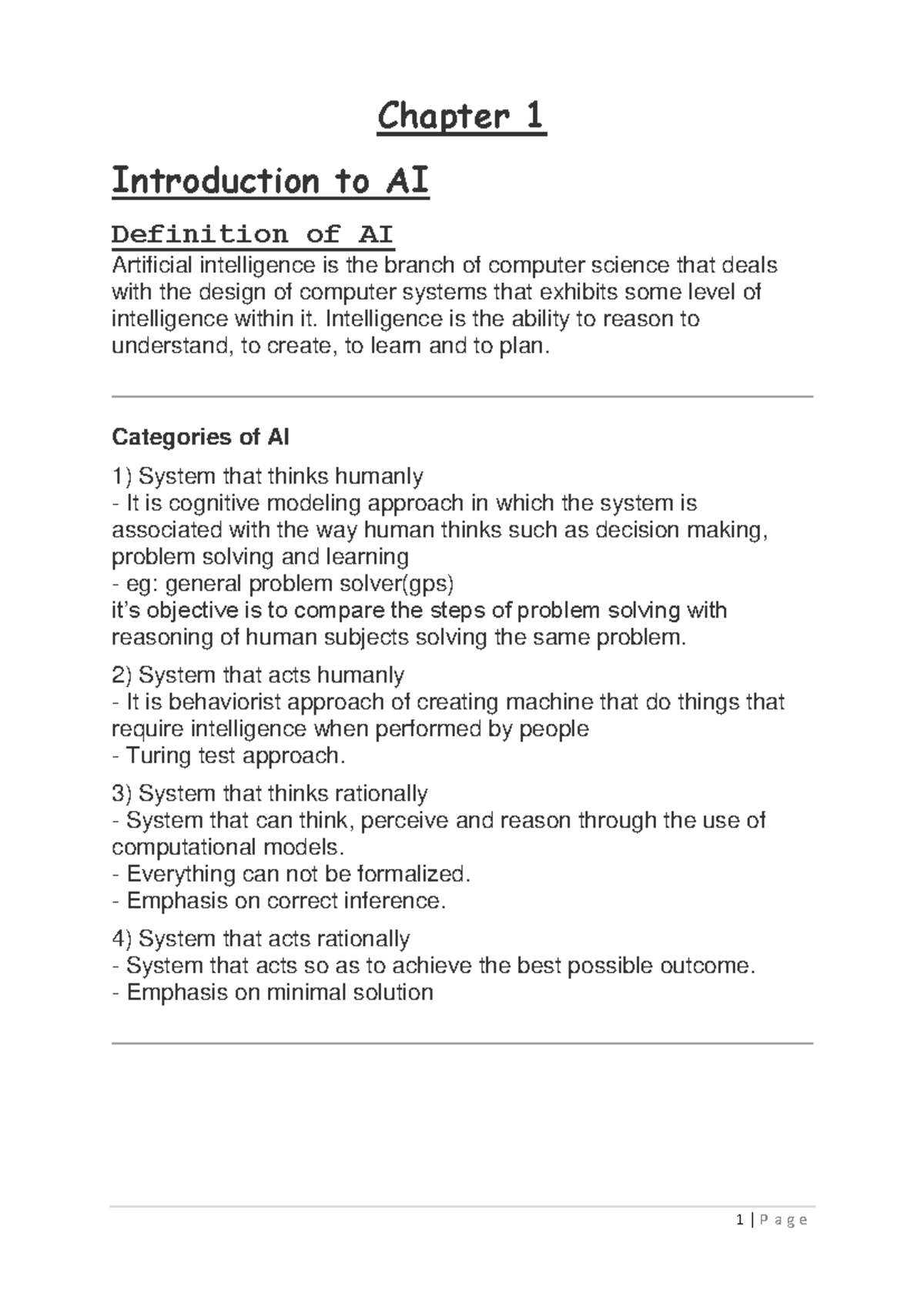 All Chapter Importaant Topics - Chapter 1 Introduction to AI Definition of AI Artificial - Studocu