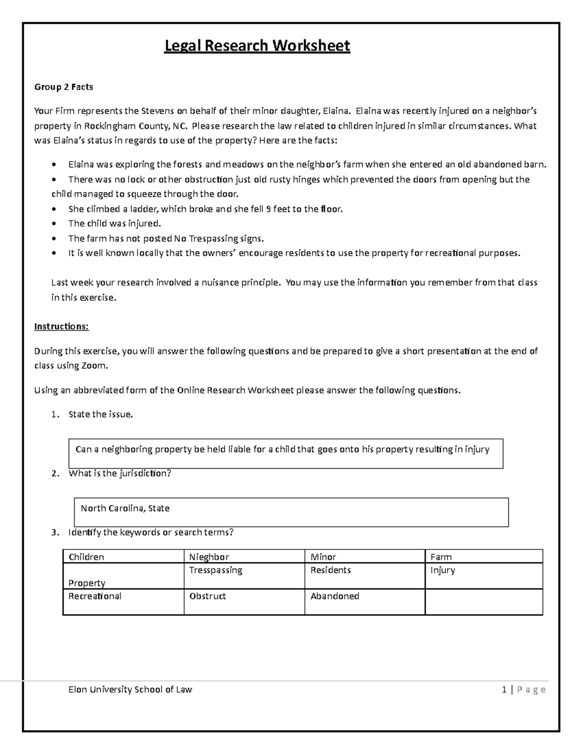 Week3 Assignment Worksheet - Legal Research Worksheet Group 2 Facts ...