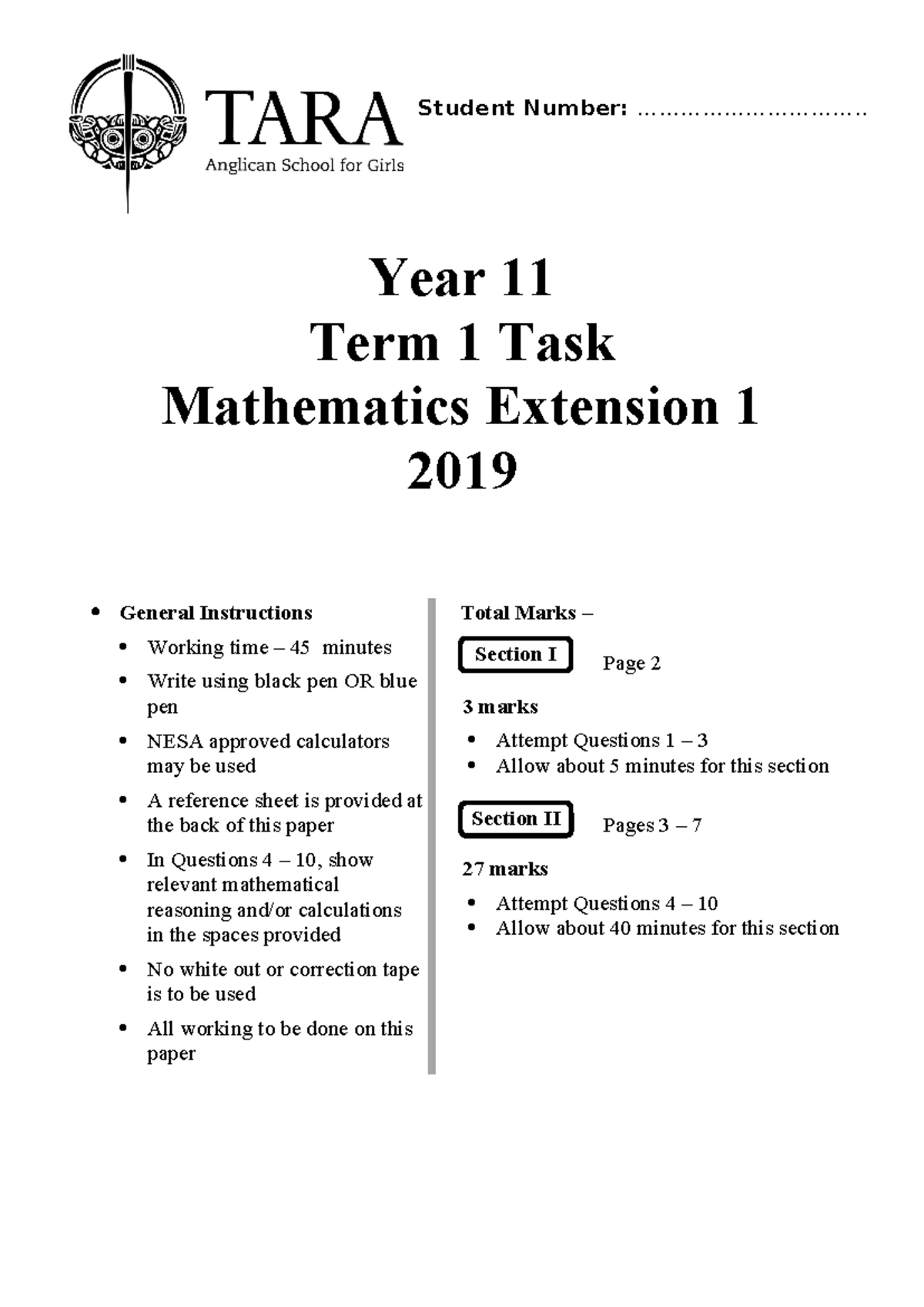 2019 y11 ext t1 task - N/A - Student Number ...