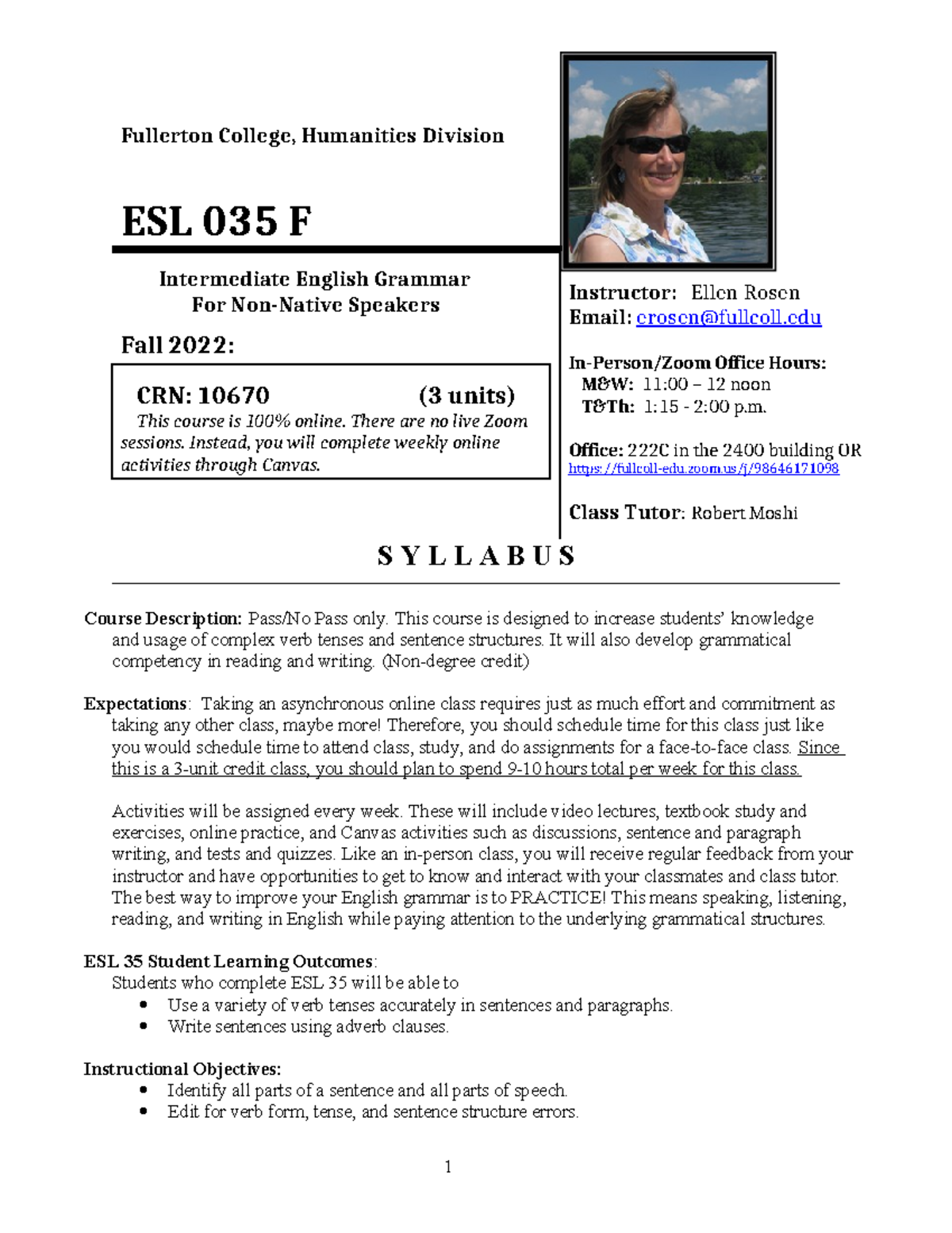 ESL 35 Syllabus-Fall 2022 - Fullerton College, Humanities Division ESL ...