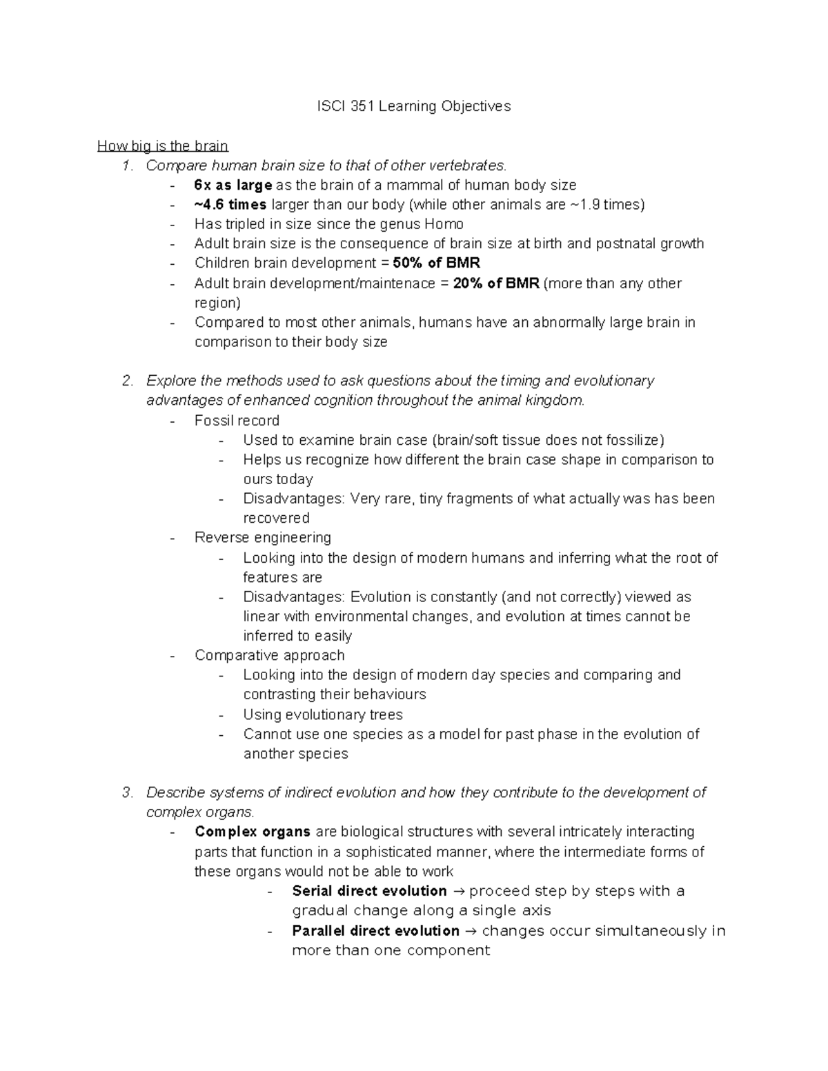 ISCI 351 Learning Objectives - ISCI 351 Learning Objectives How big is the brain Compare human ...