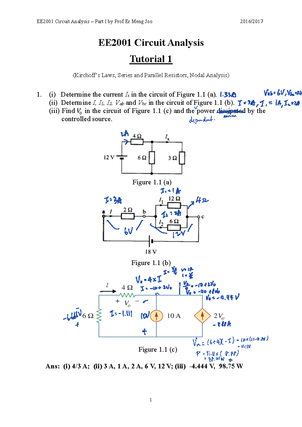 EE2001 Tutorial 1 - eee - EE2001 Circuit Analysis – Part I by Prof Er Meng Joo 2016/201 7 1 ...
