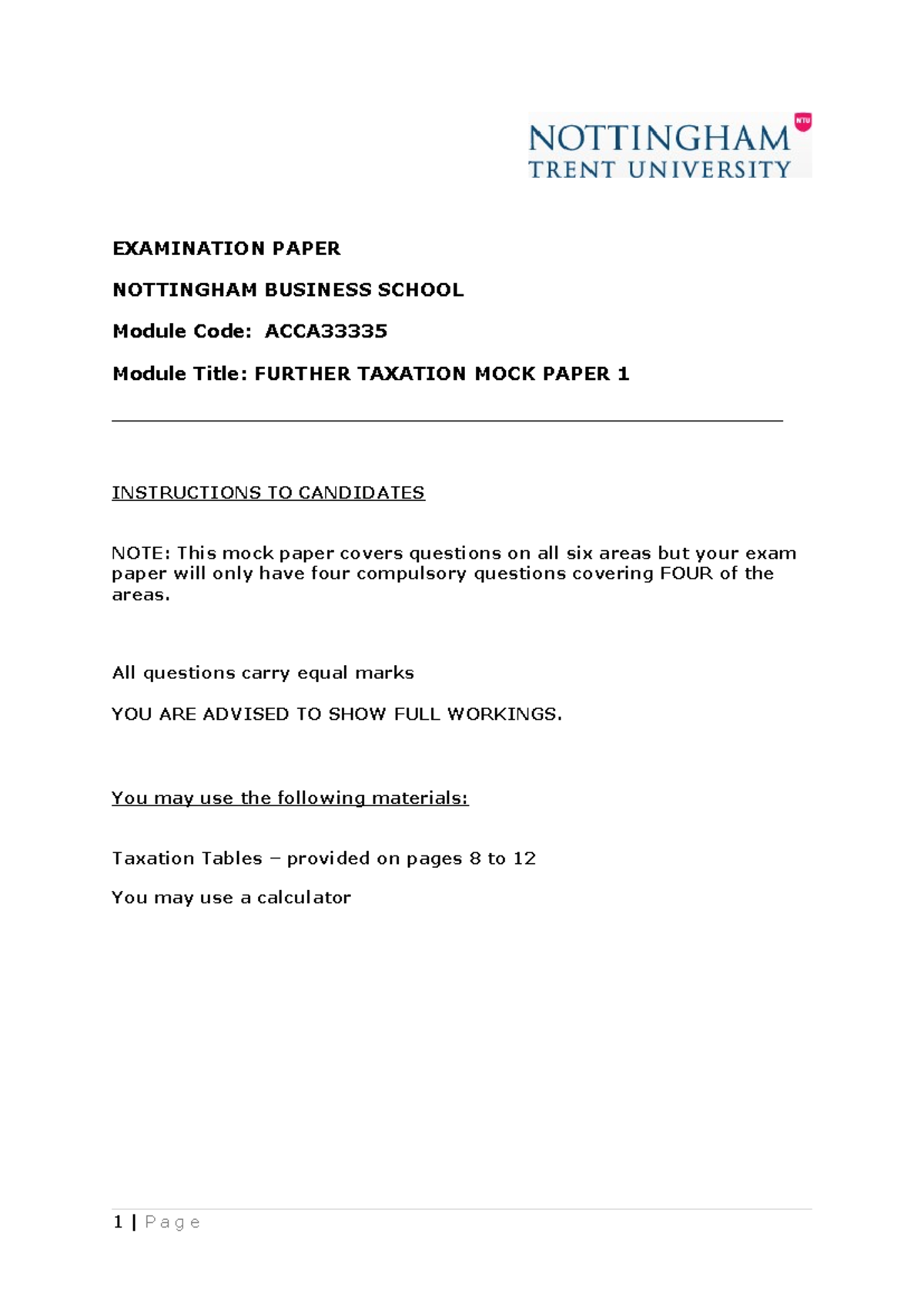 Mock paper 1 covering all six areas - EXAMINATION PAPER NOTTINGHAM ...