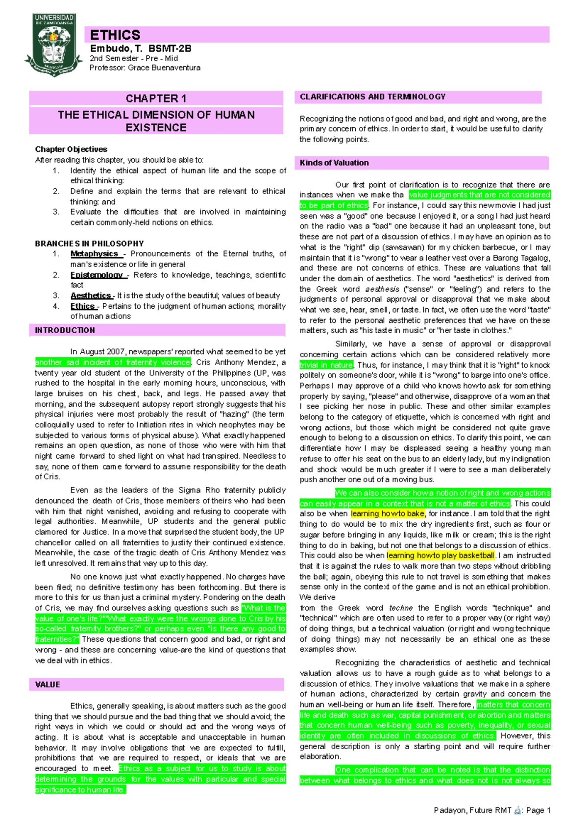 Ethics - Premid - Reviewer - ETHICS Embudo, T. BSMT-2B 2nd Semester - Pre - Mid Professor: Grace ...