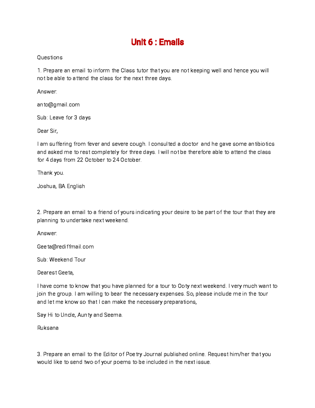 Unit 6 Emails-WPS Office - Unit 6 : Emails Questions Prepare an email ...