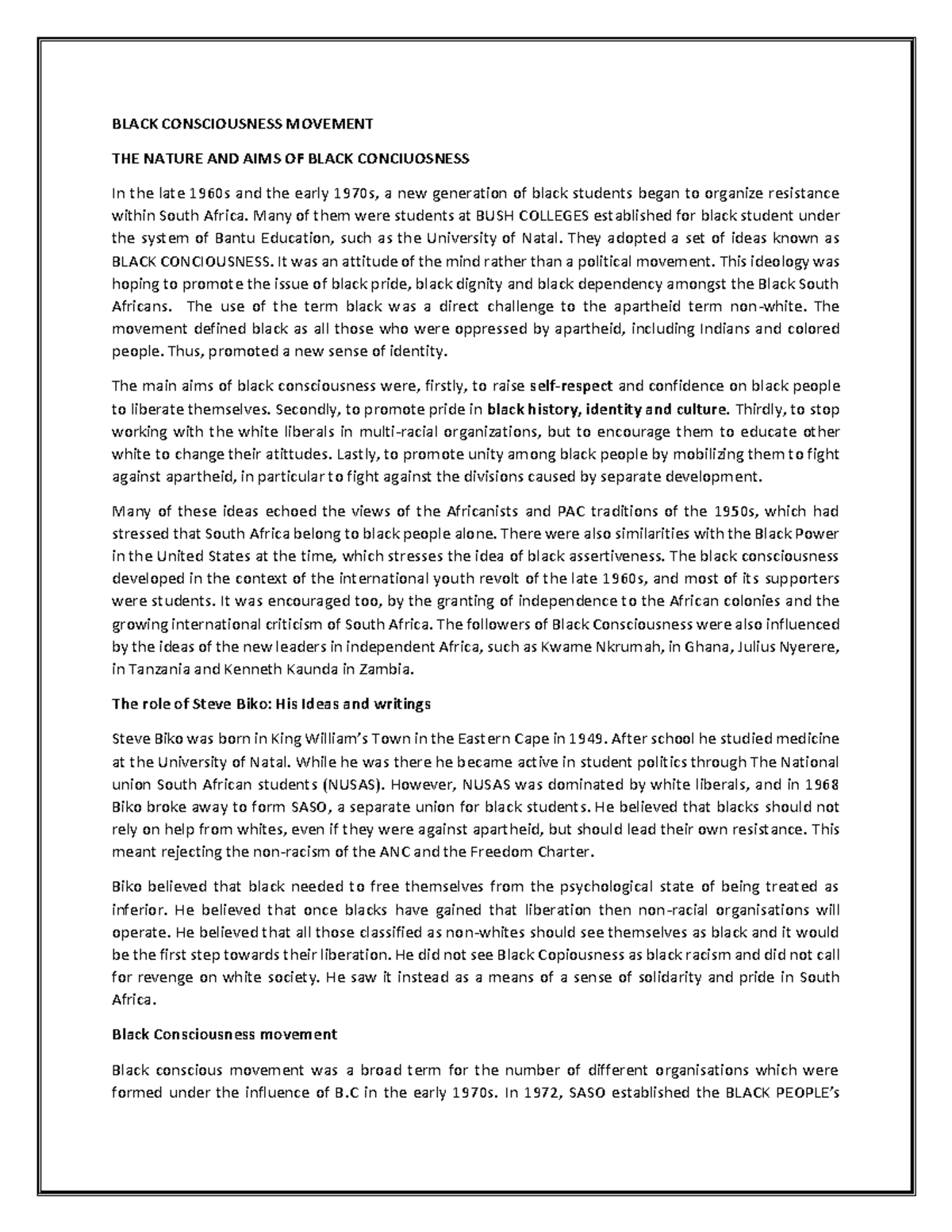 Black Consciousness Movement (essay) - Copy - BLACK CONSCIOUSNESS ...