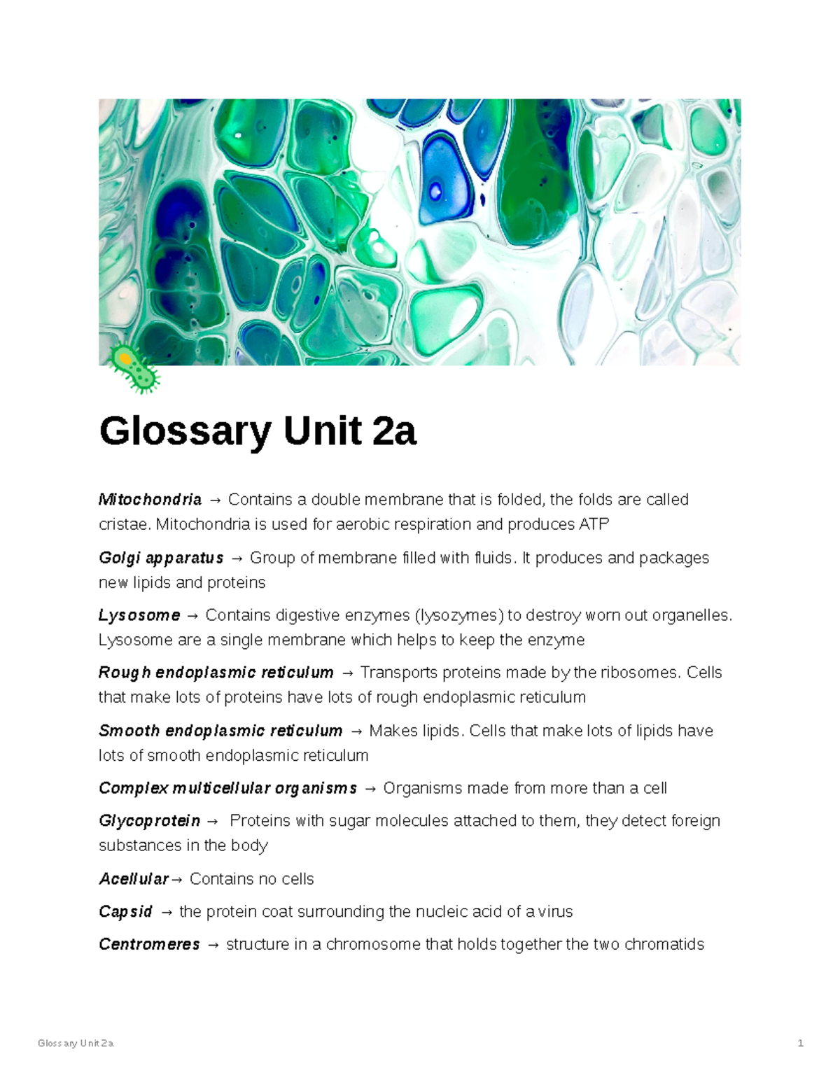 Glossary Cells - cell defiintion - Glossary Unit 2a 1 🦠 Glossary Unit ...