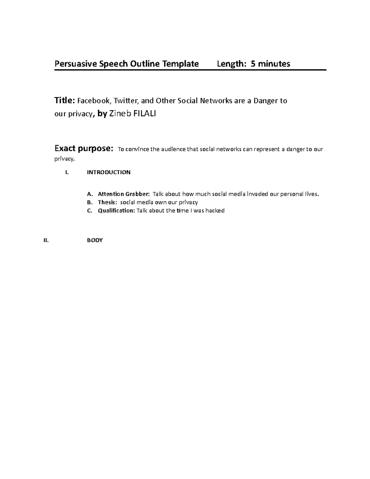 Persuasive Speech Outline Template Length - To convince the audience ...