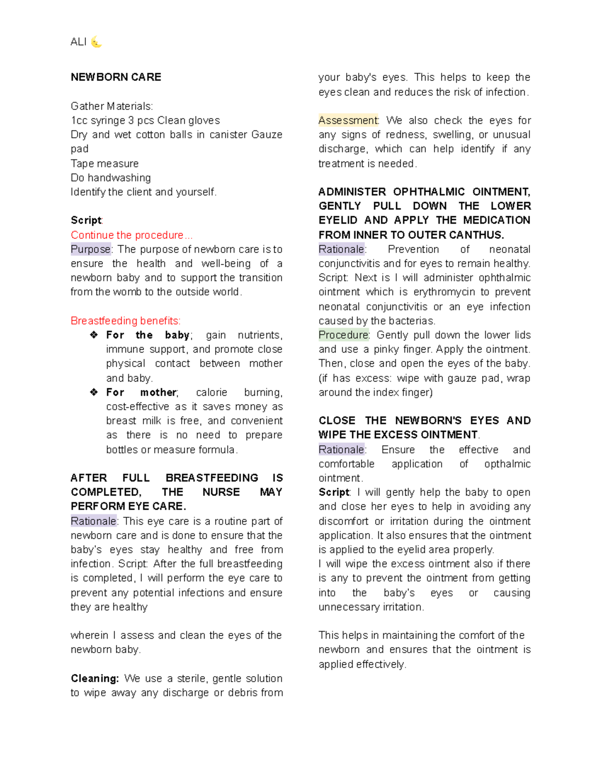 Newborn-CARE- Notes - ALI 🌜 NEWBORN CARE Gather Materials: 1cc syringe ...