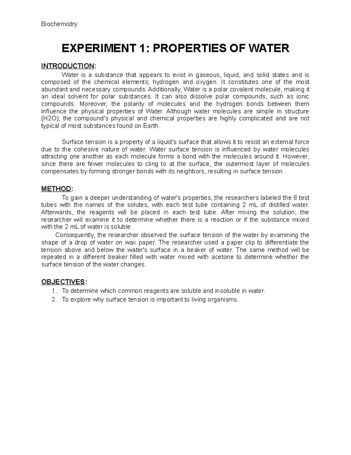 Experiment 1-intro,methods,obj - Biochemistry EXPERIMENT 1: PROPERTIES OF WATER INTRODUCTION ...