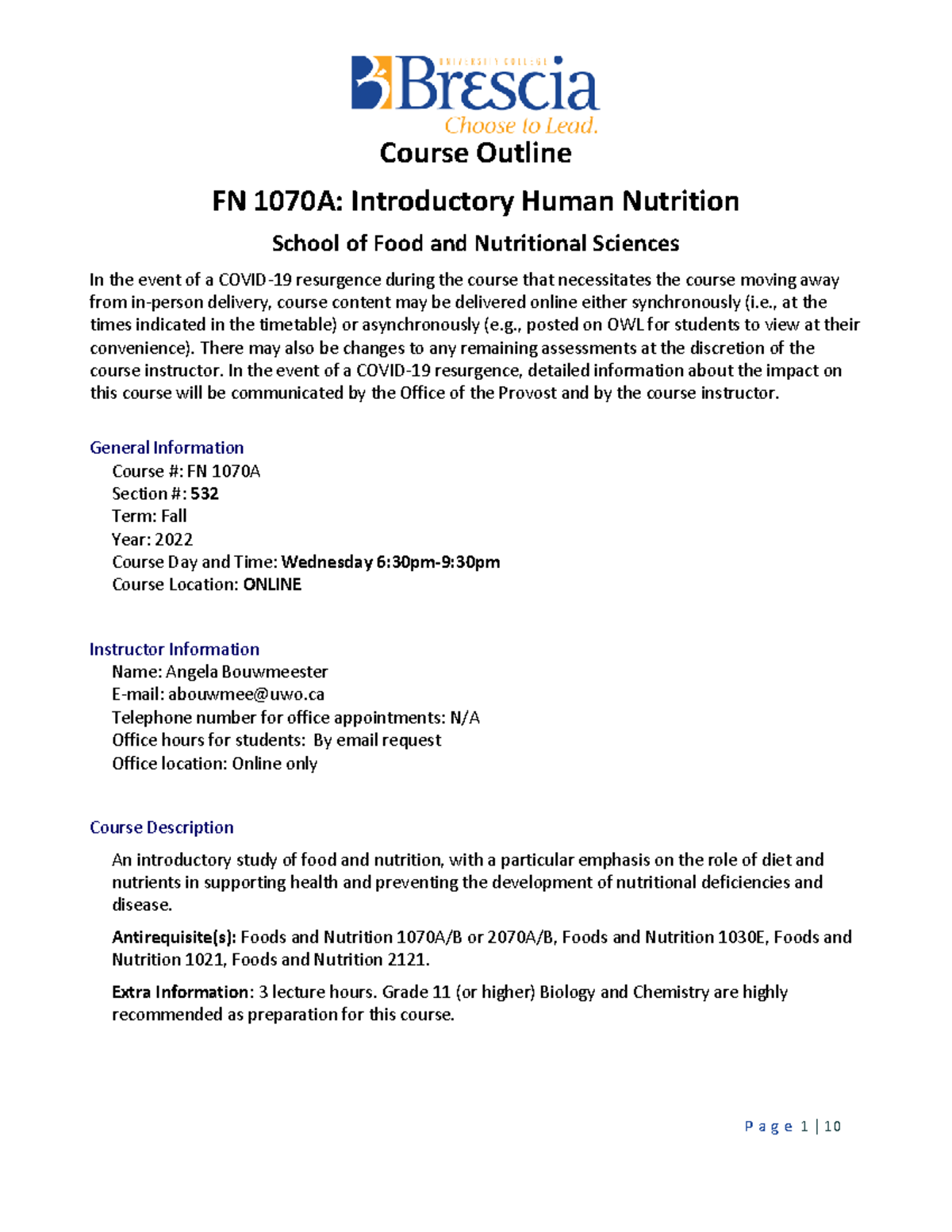 Nutrition Outline - Course overview. - Course Outline FN 1070A ...