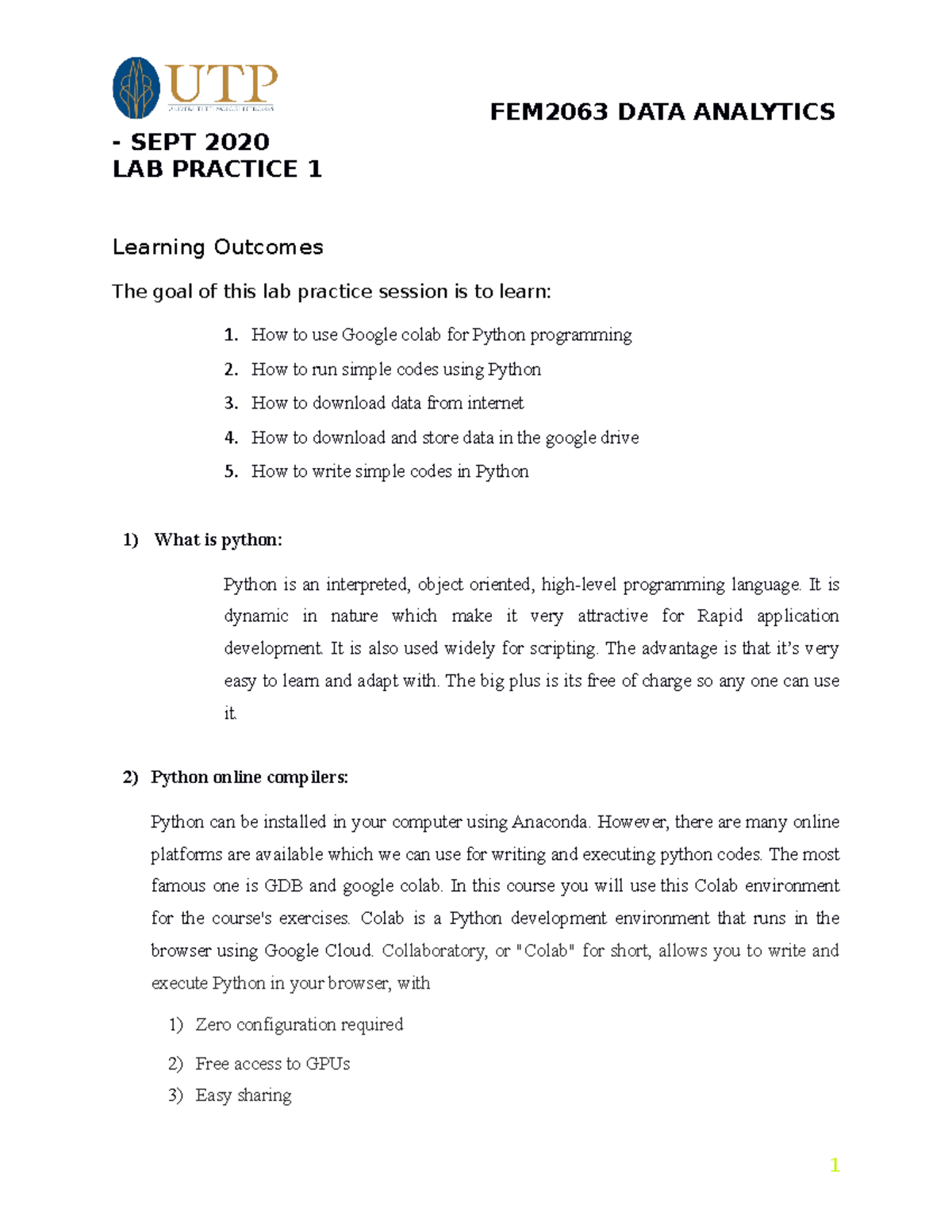 DA-Sept20 Lab1 Module and guide for lab - SEPT 2020 LAB PRACTICE 1 Learning Outcomes The goal of ...