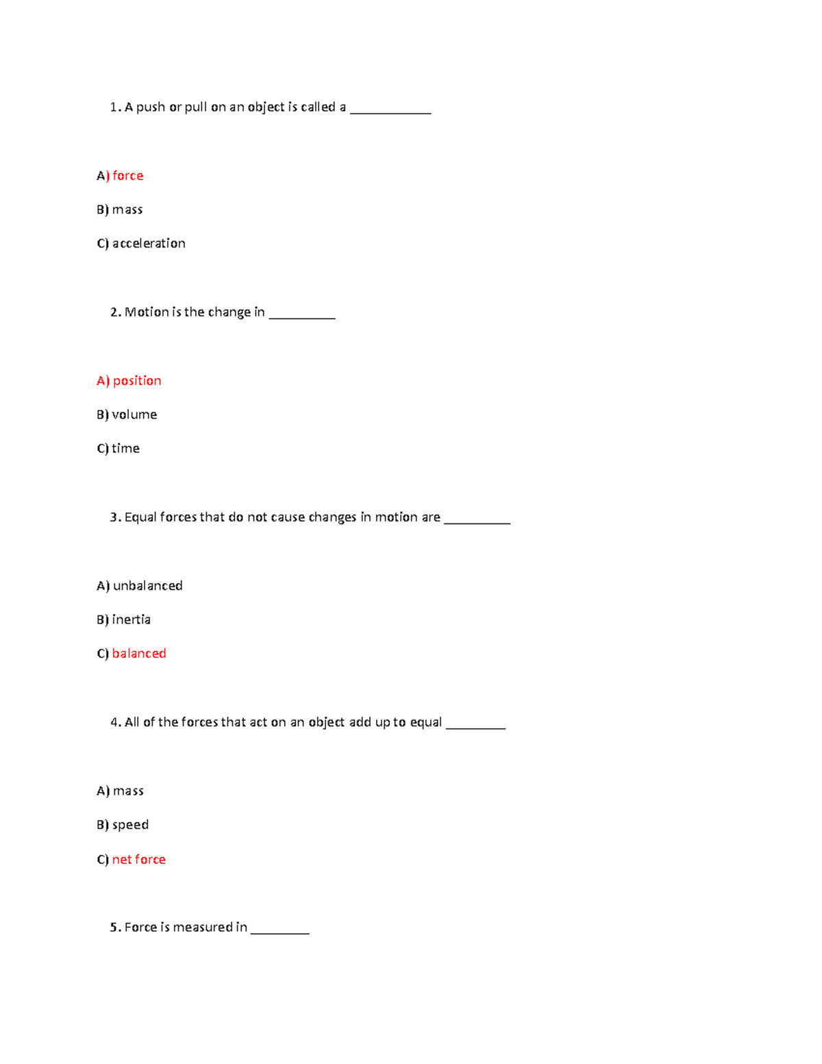 Force quiz - sample quiz - A push or pull on an object is called a ...