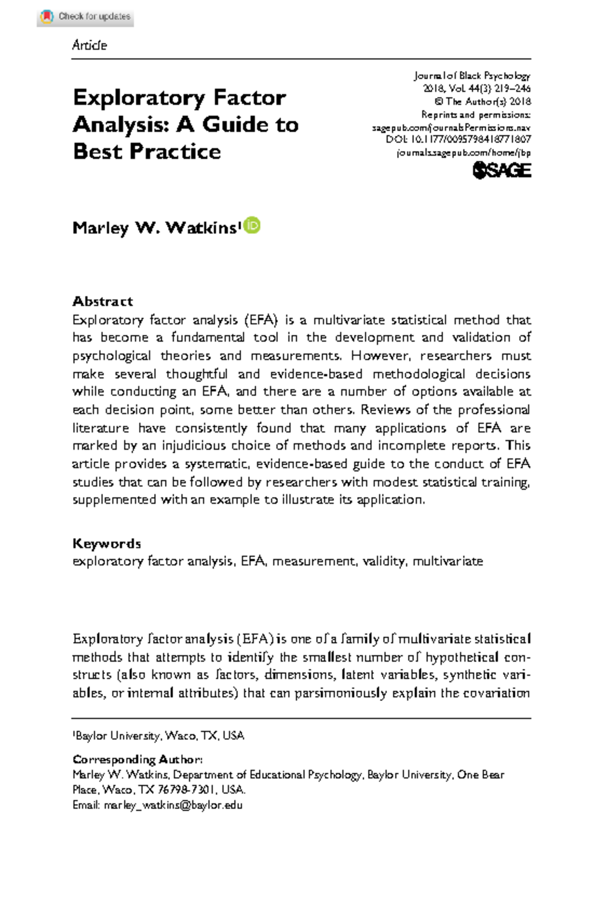 Watkins 2018 Exploratory Factor Analysis - doi/10.1177/ Journal of ...