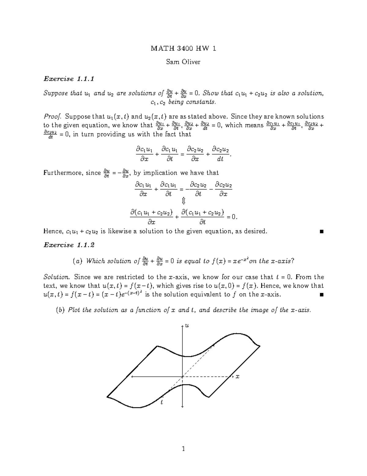 MATH 3400 HW 1 - HW assignment - MATH 3400 HW 1 Sam Oliver Exercise 1. Suppose that u 1 and u 2 ...