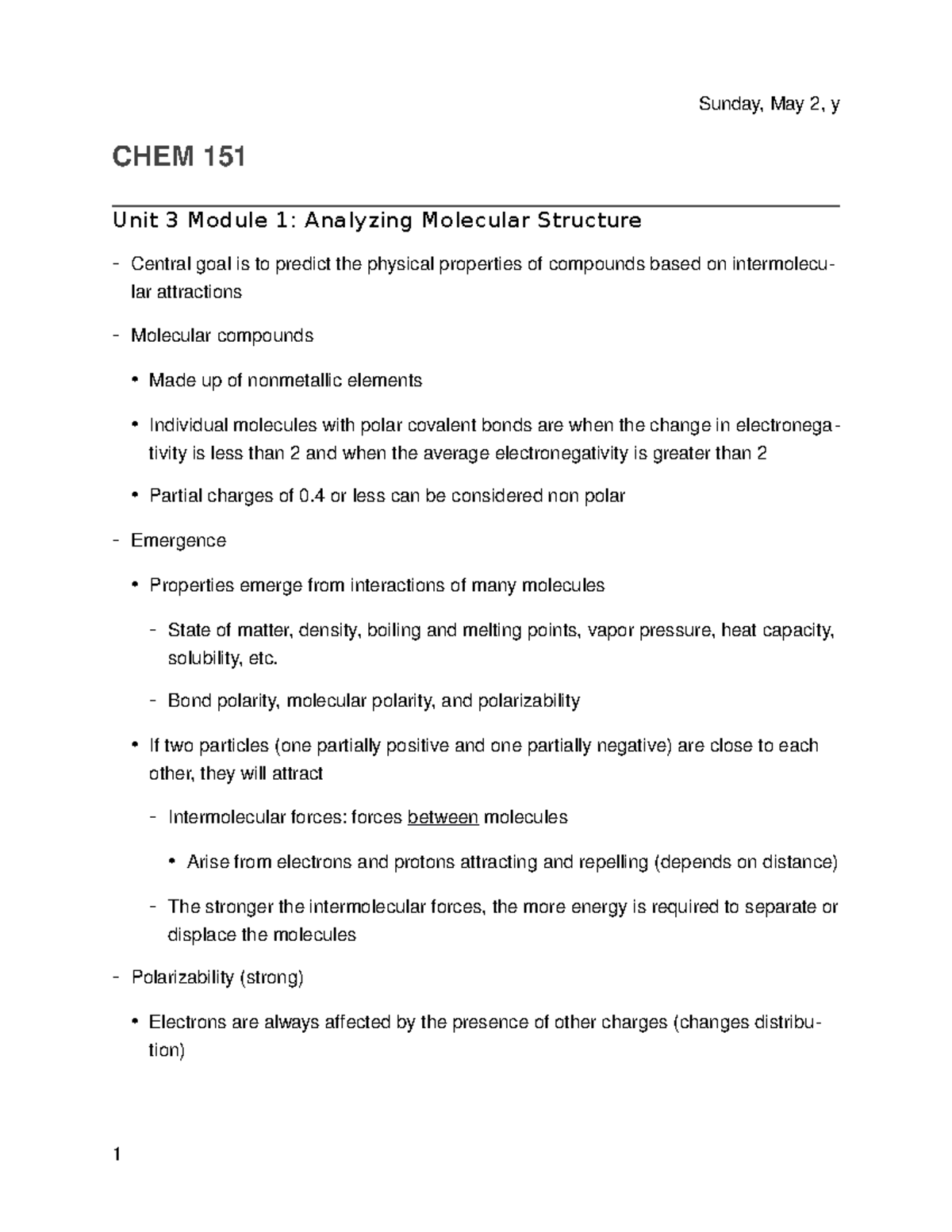 Unit 3 Module 1 - Lecture notes 9 - Wednesday, April 24, y CHEM 151 ...