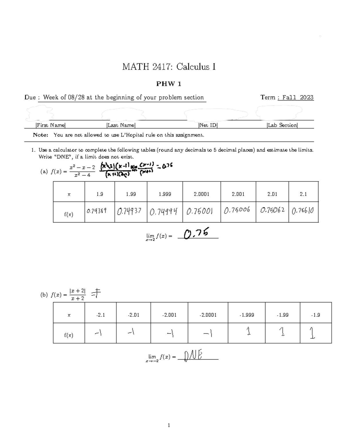 Paper homework 1 - MATH 2417: Calculus I PHW 1 Due : Week of 08/28 at ...