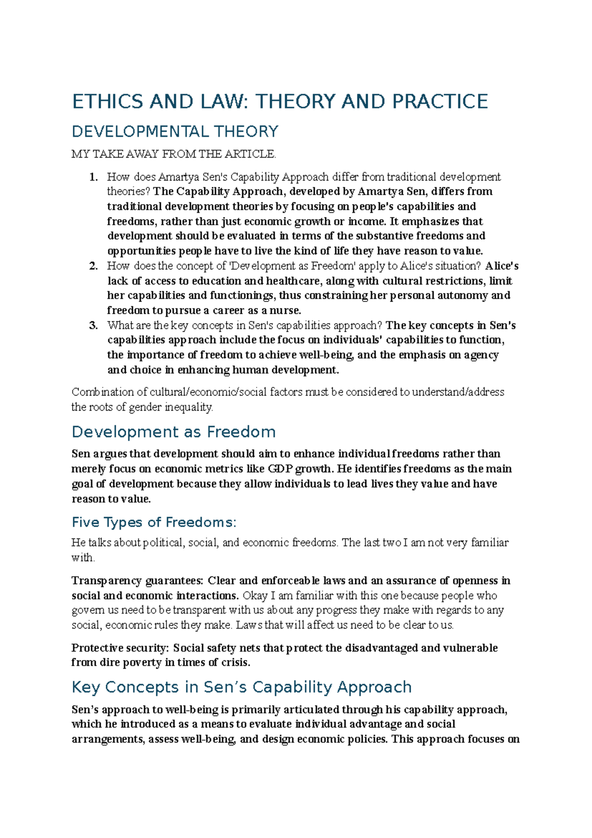 Development Theory TEST PREP - ETHICS AND LAW: THEORY AND PRACTICE ...