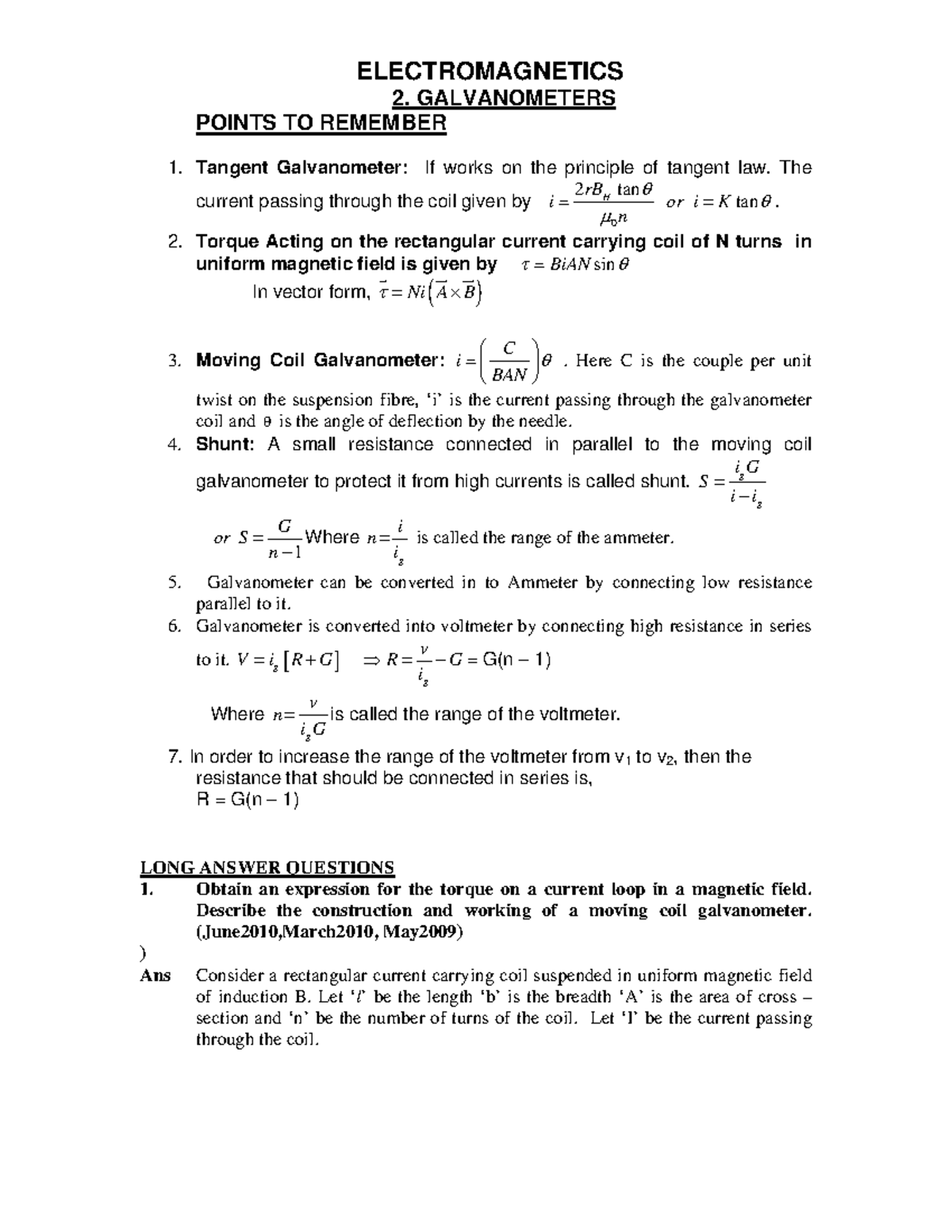 37508 2 Galavanometers - ELECTROMAGNETICS 2. GALVANOMETERS POINTS TO REMEMBER Tangent ...