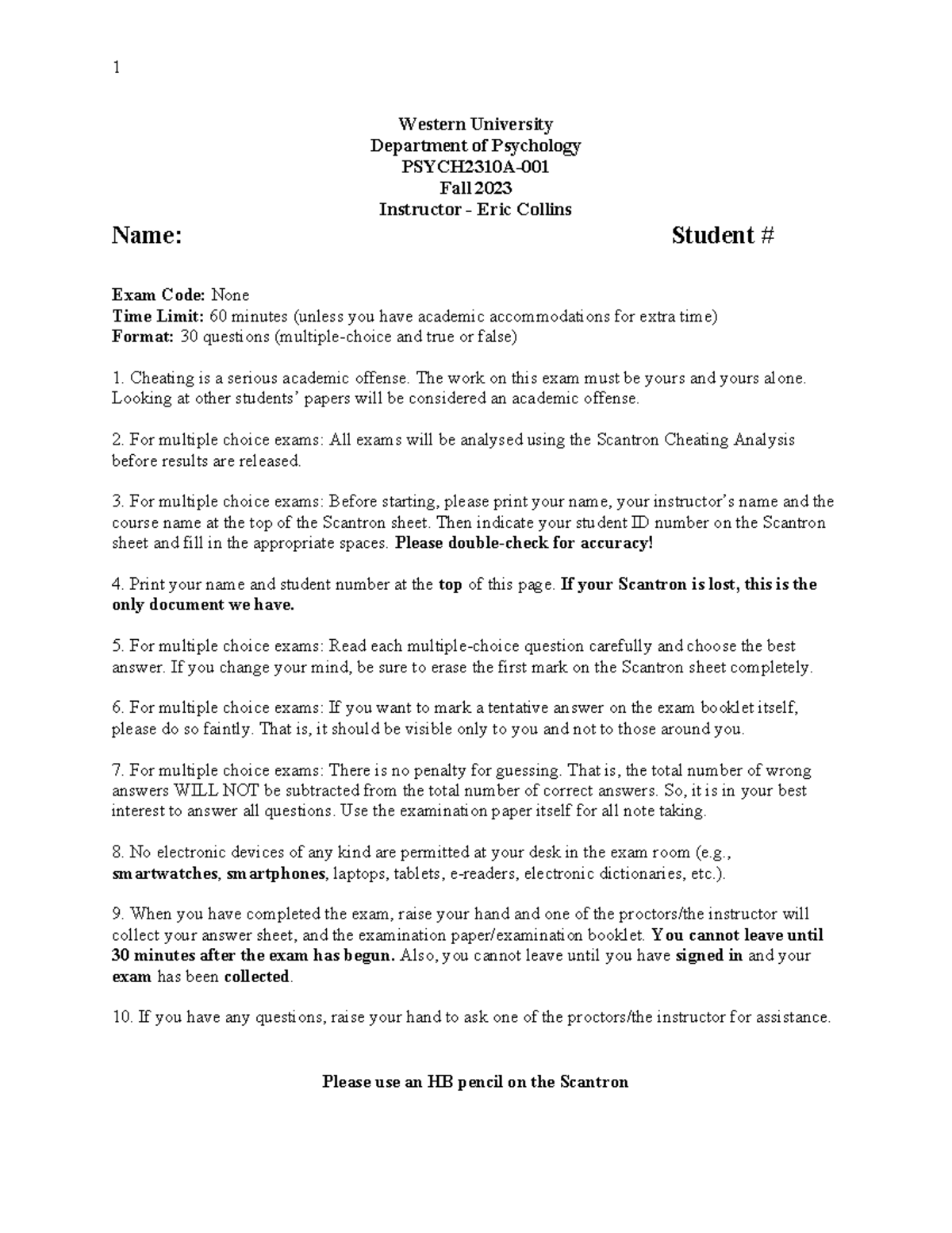 Psych 2310 A - Midterm Exam 2 - Answer Key Fall 2023 - Western University Department of ...